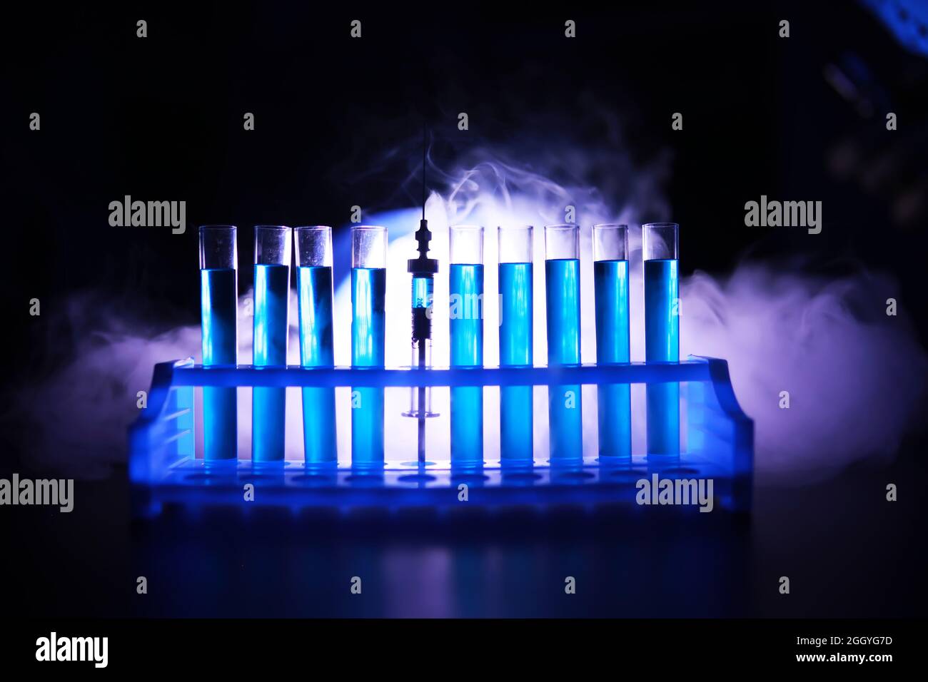 Test tube of glass overflows new liquid solution potassium blue ...