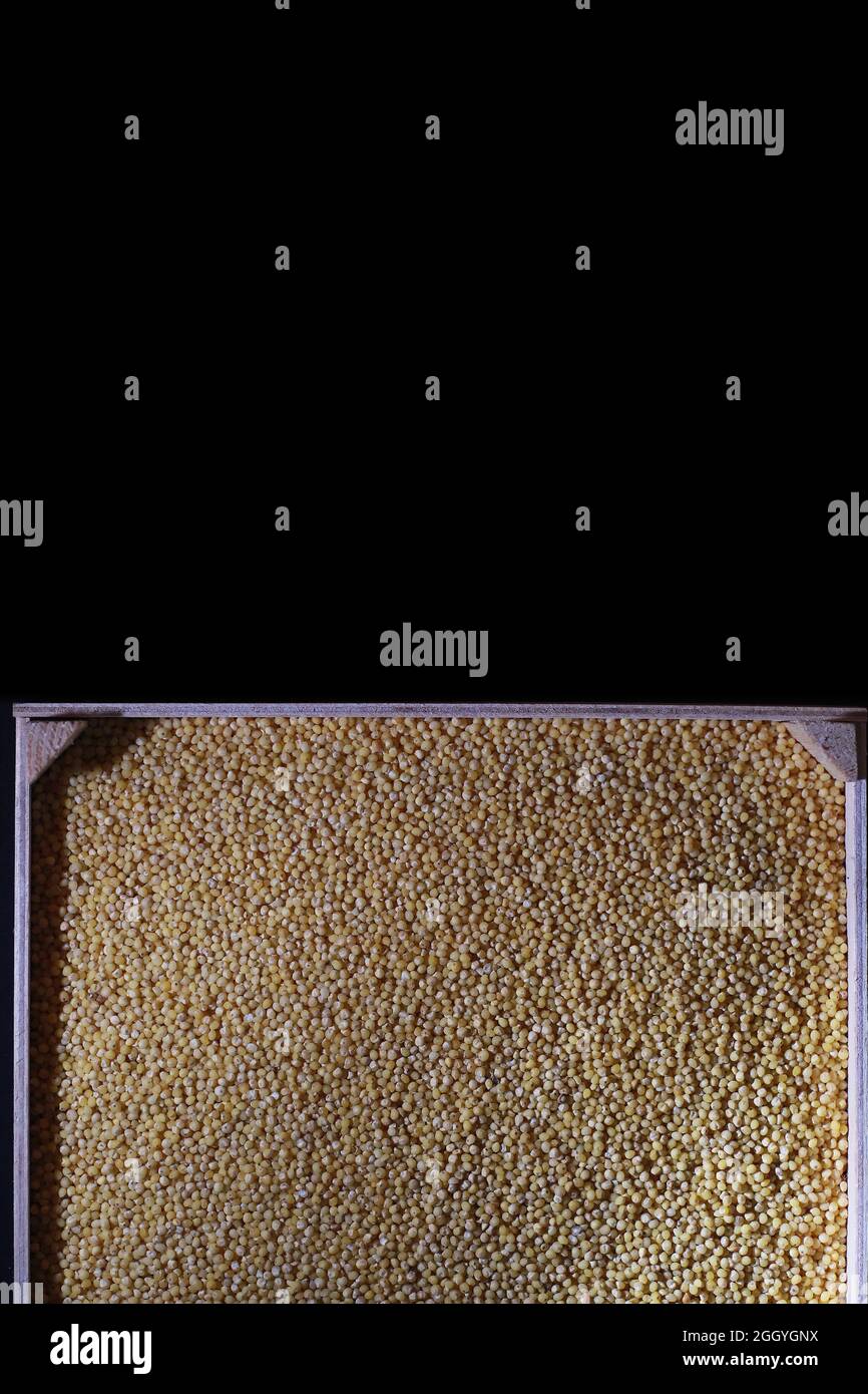 A set of grain cereals. Rice, buckwheat and millet groats in wooden ...