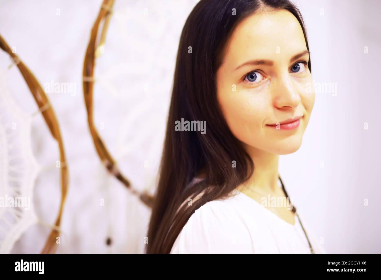 Relaxed serene pretty young woman at home, happy calm lady dream enjoy ...