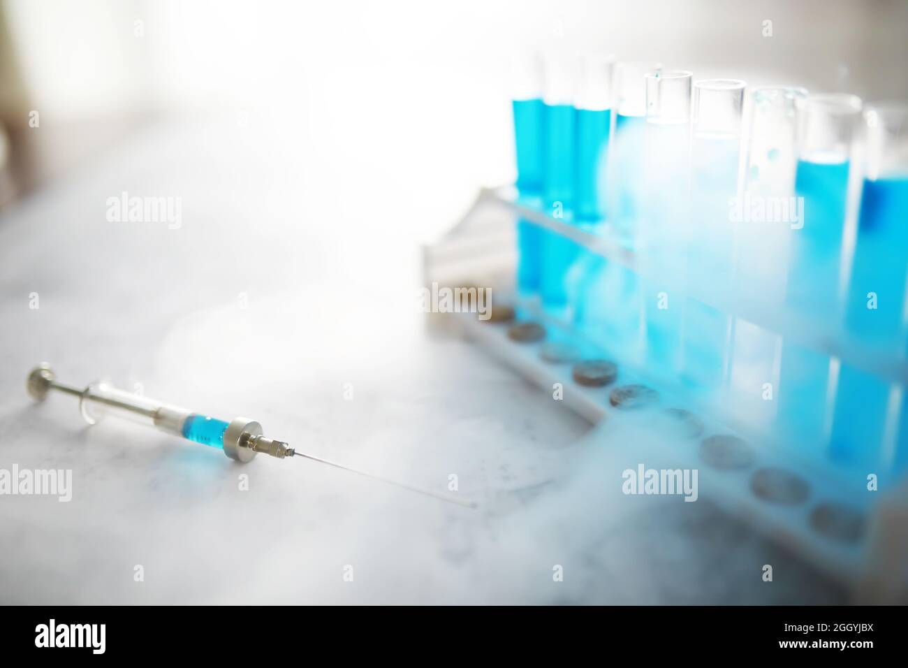 Test tube of glass overflows new liquid solution potassium blue ...