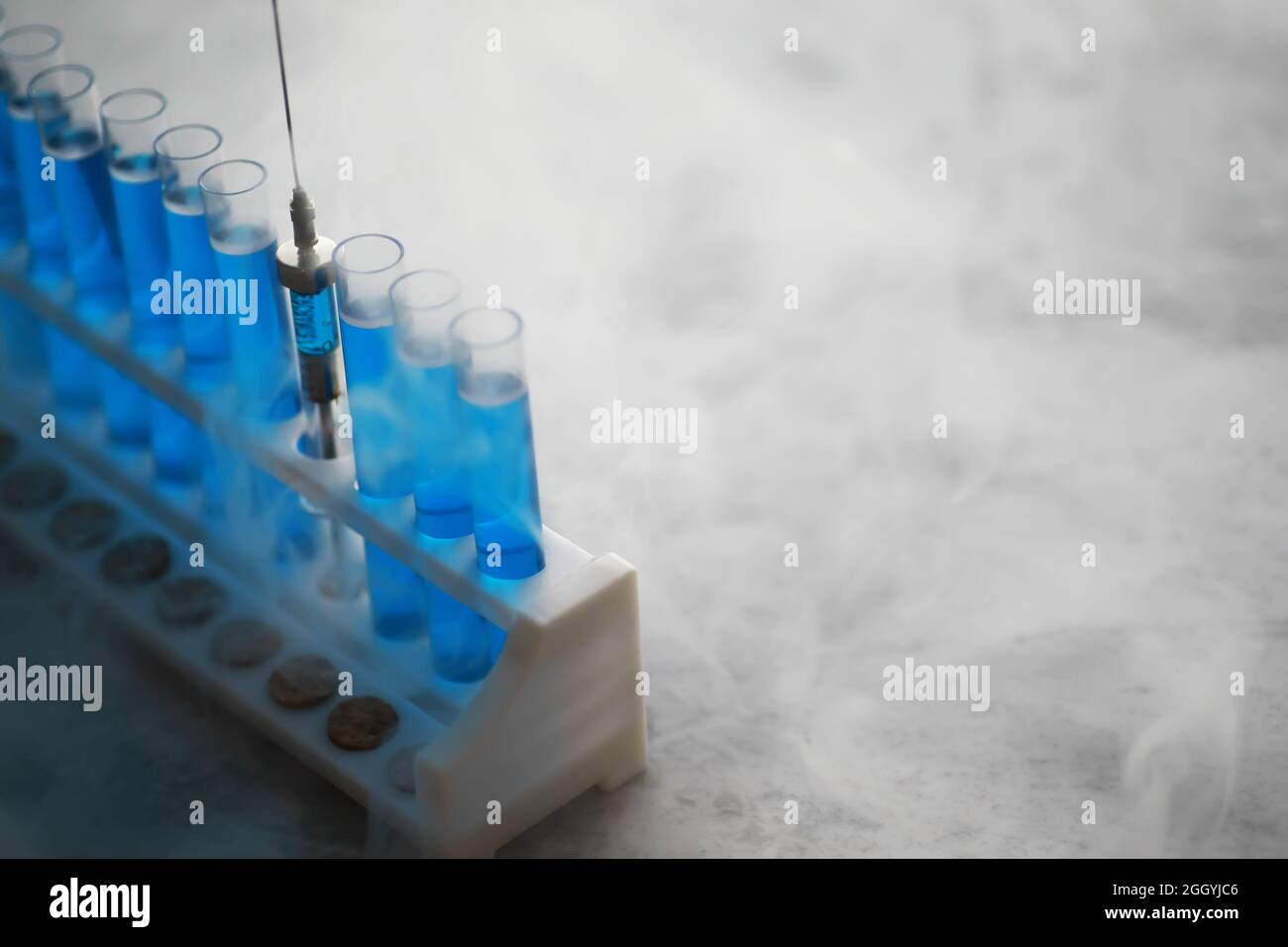 Test tube of glass overflows new liquid solution potassium blue ...