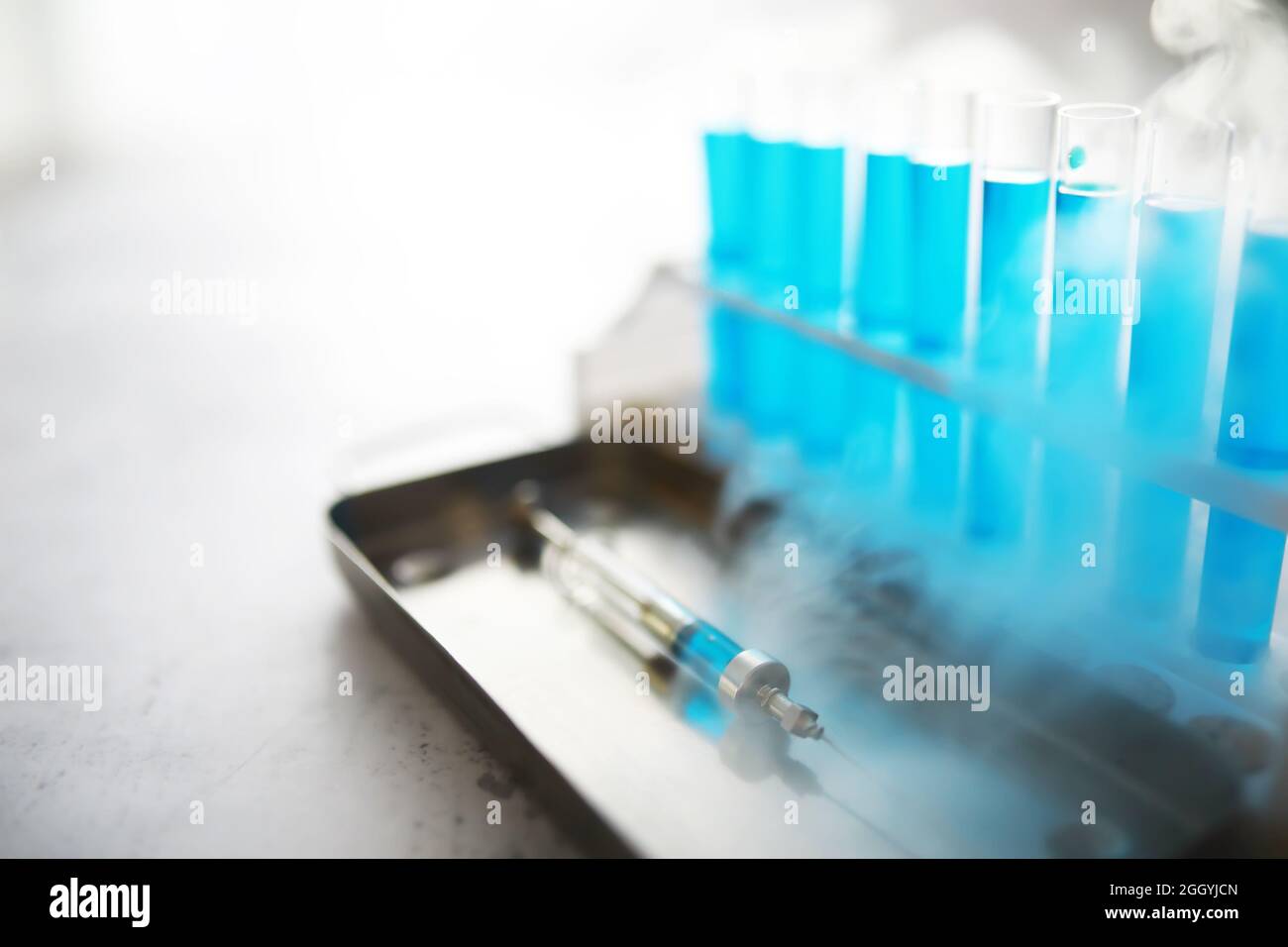 Test tube of glass overflows new liquid solution potassium blue ...