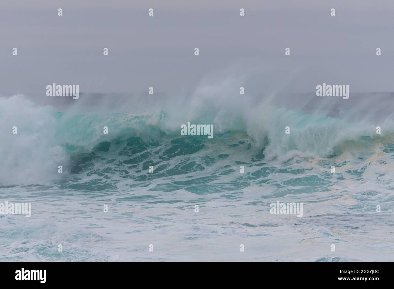 An angry turquoise green color massive rip curl of a wave as it barrels ...