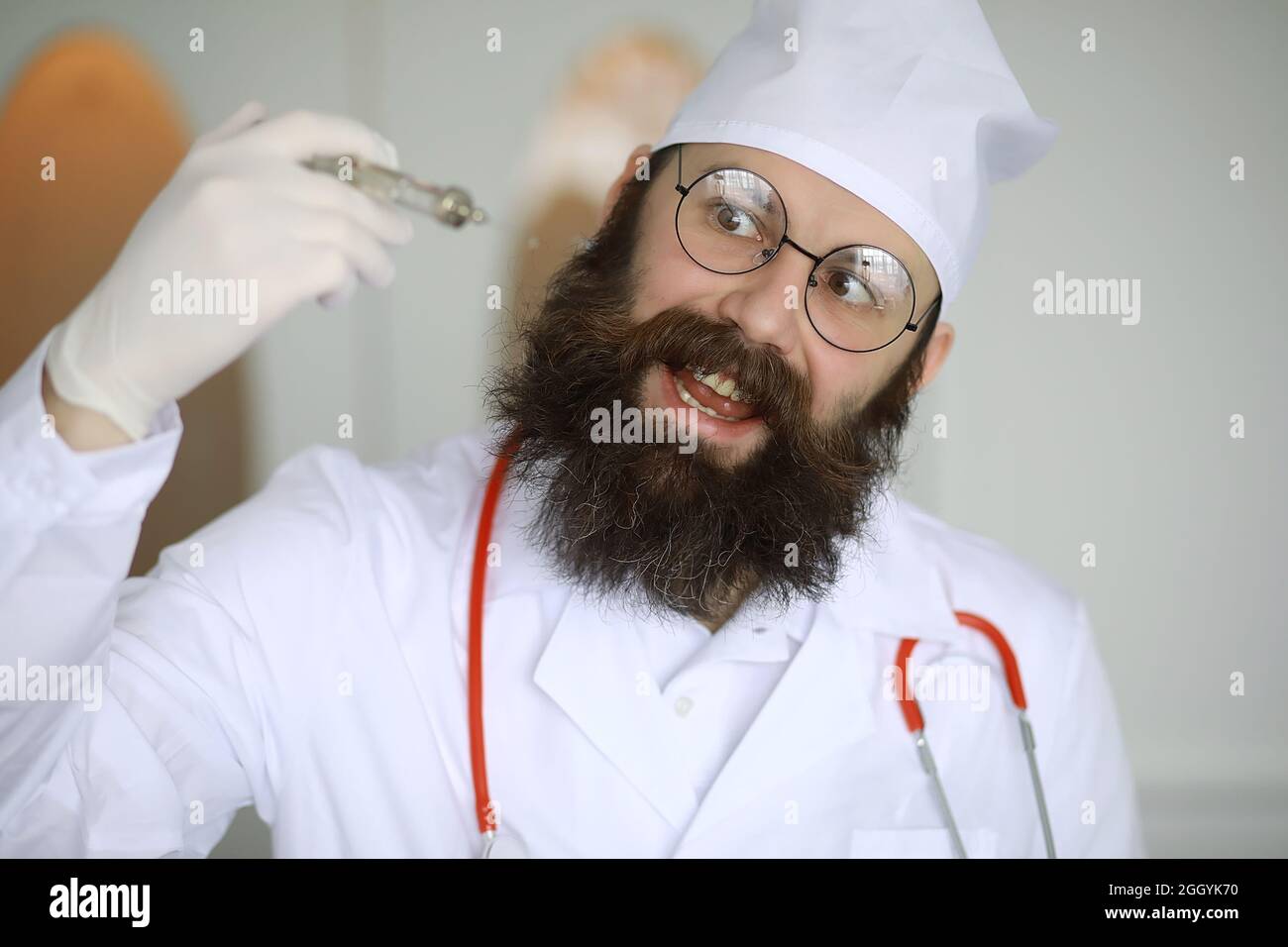 Doctor crazy. Mad beard scientist conducts experiments in a scientific ...
