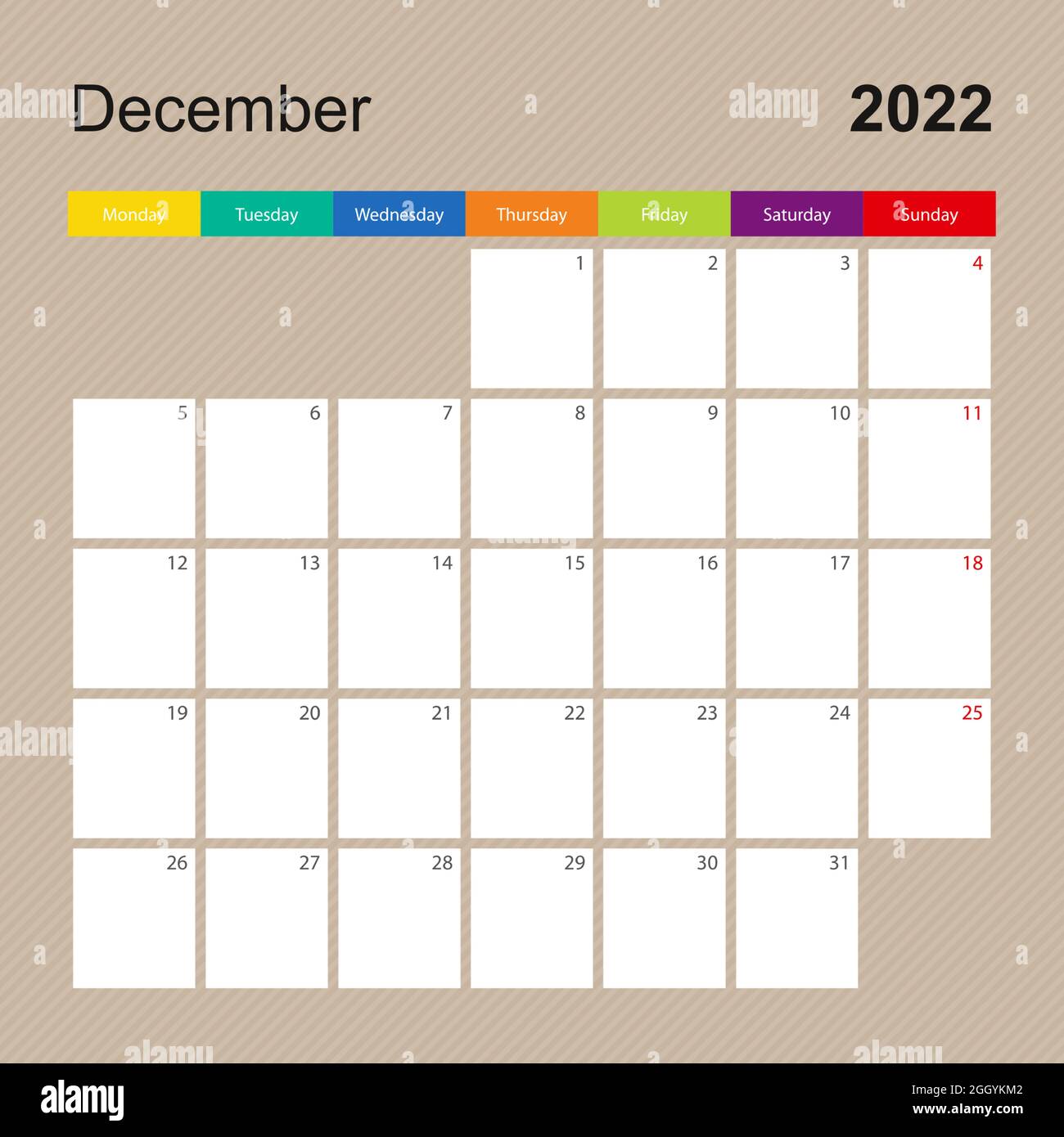 Сalendar page for December 2022, wall planner with colorful design ...