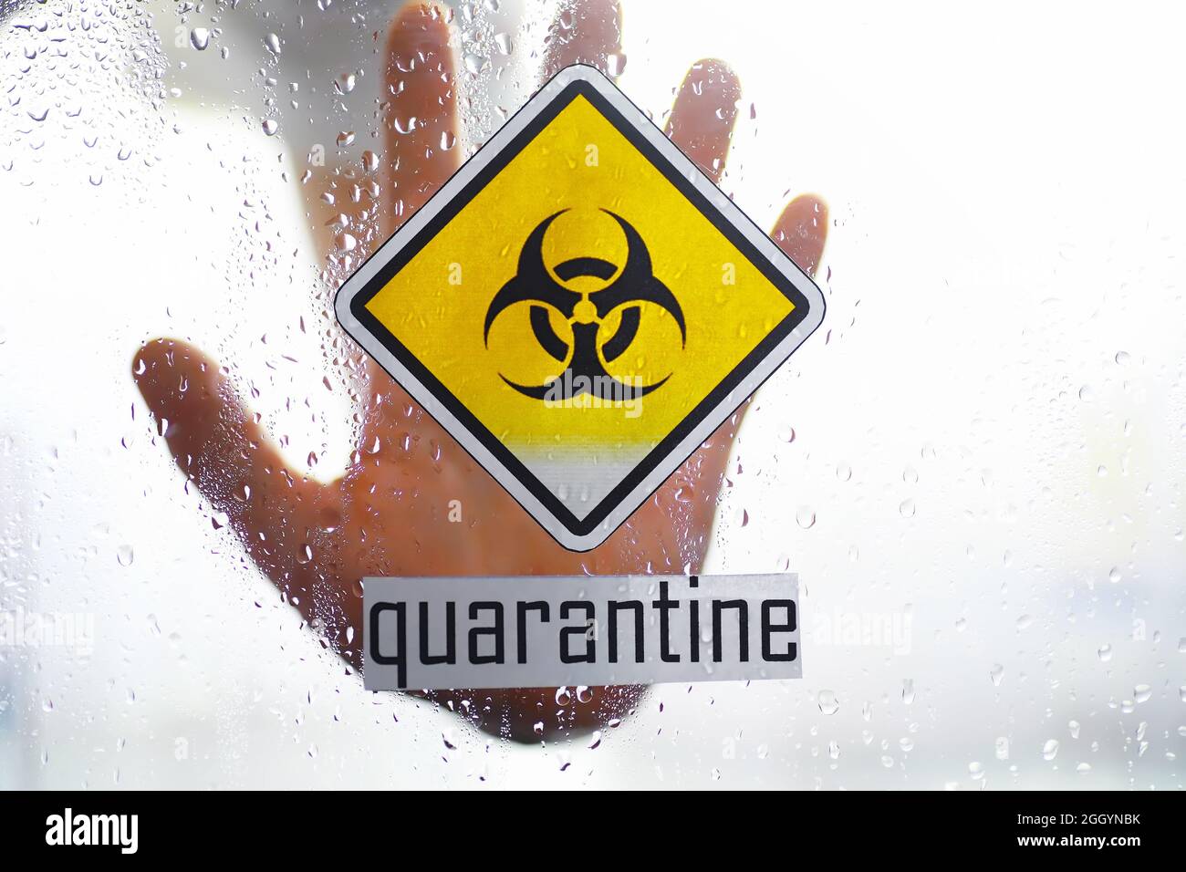 Quarantine. Quarantine warning sign on a glass door in hospital ...
