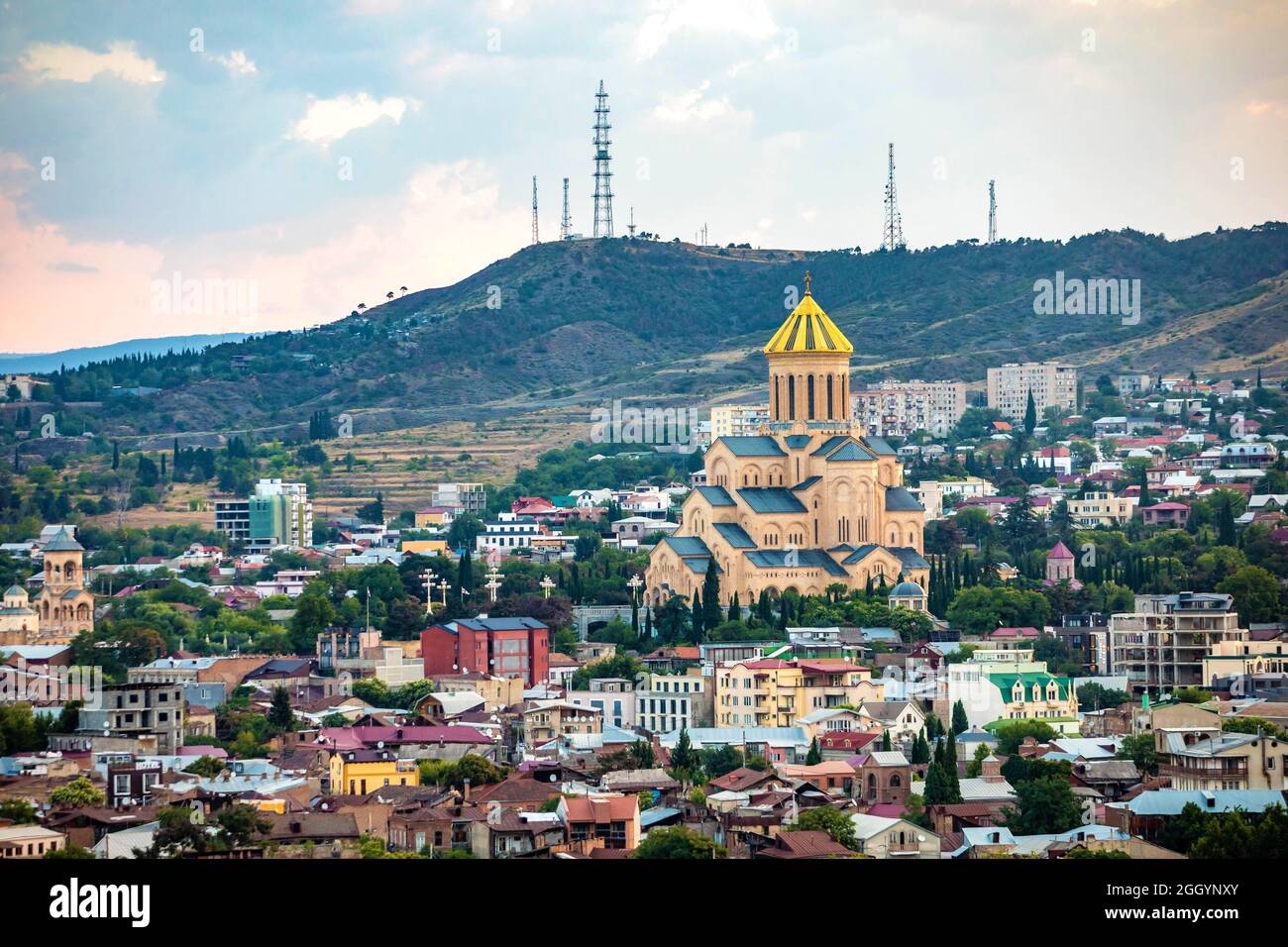 Holy Trinity Cathedral panoramic view in Tbilisi Georgia at sunrise ...
