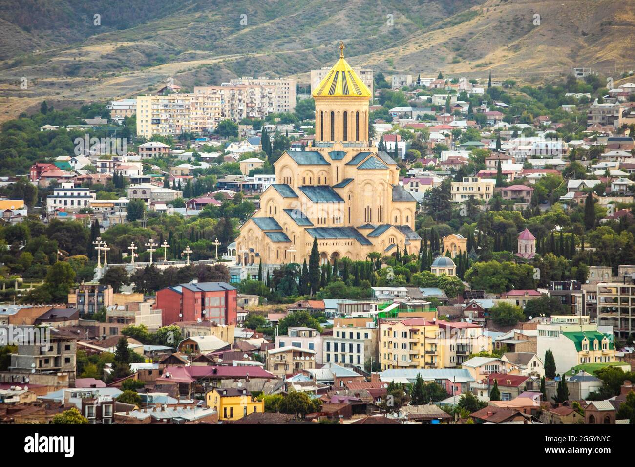 Holy Trinity Cathedral panoramic view in Tbilisi Georgia at sunrise ...