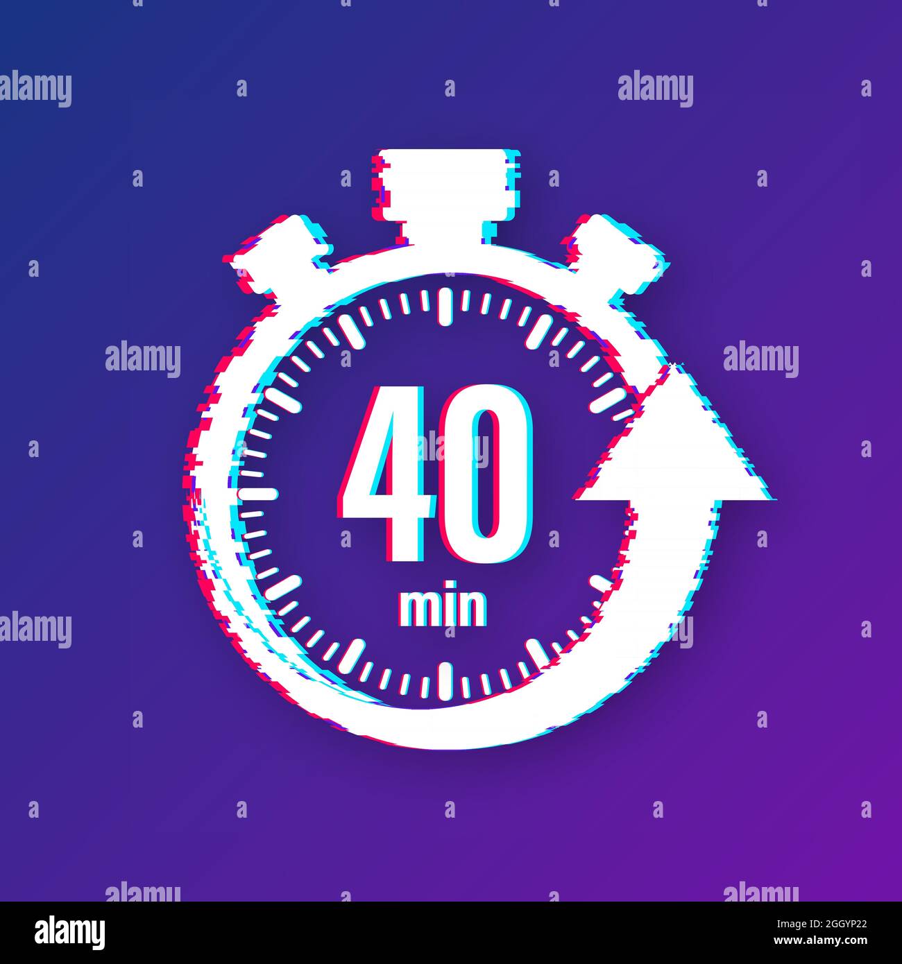 The 40 minutes, stopwatch vector glitch icon. Stopwatch icon in flat ...