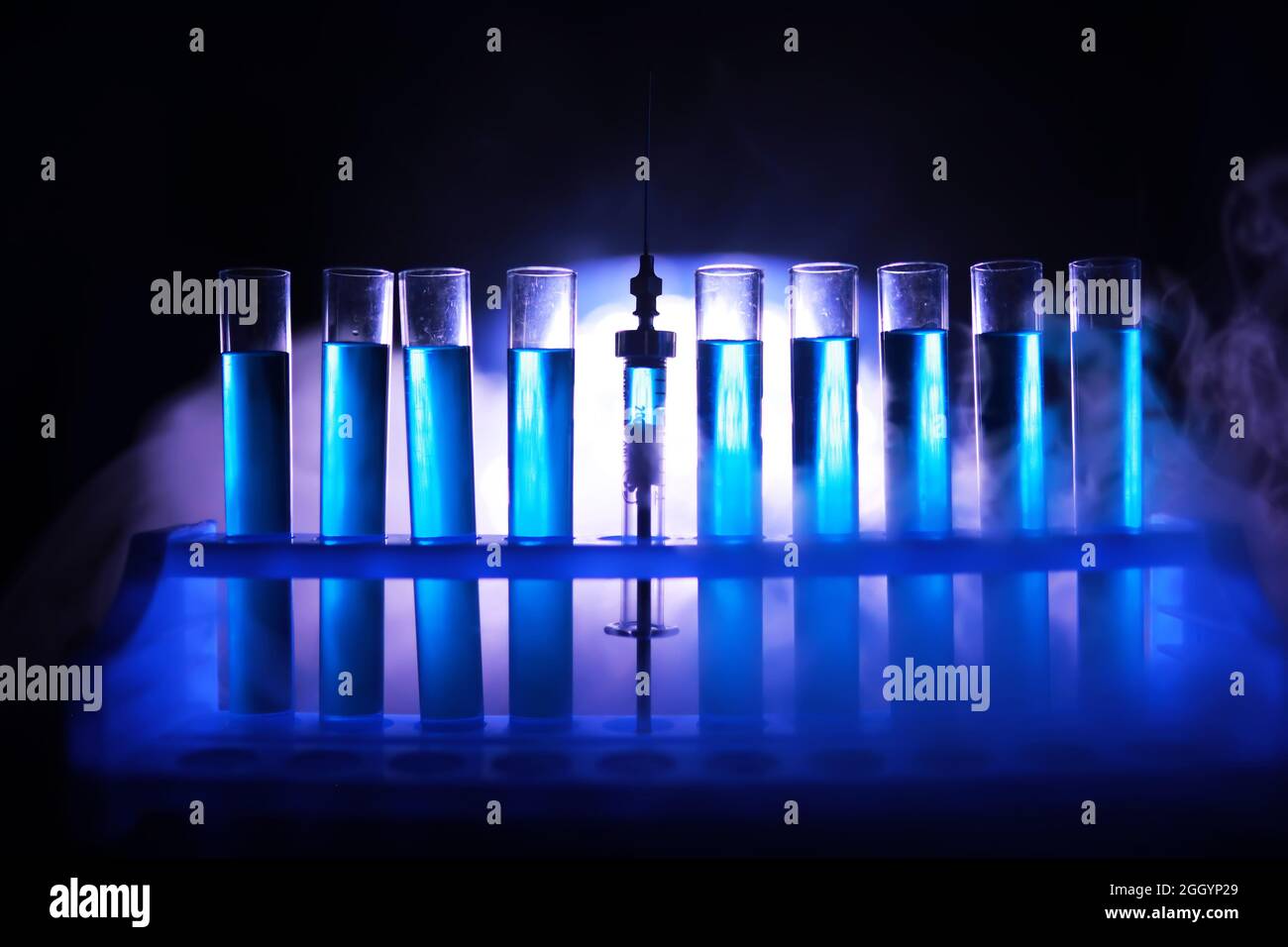 Test tube of glass overflows new liquid solution potassium blue ...