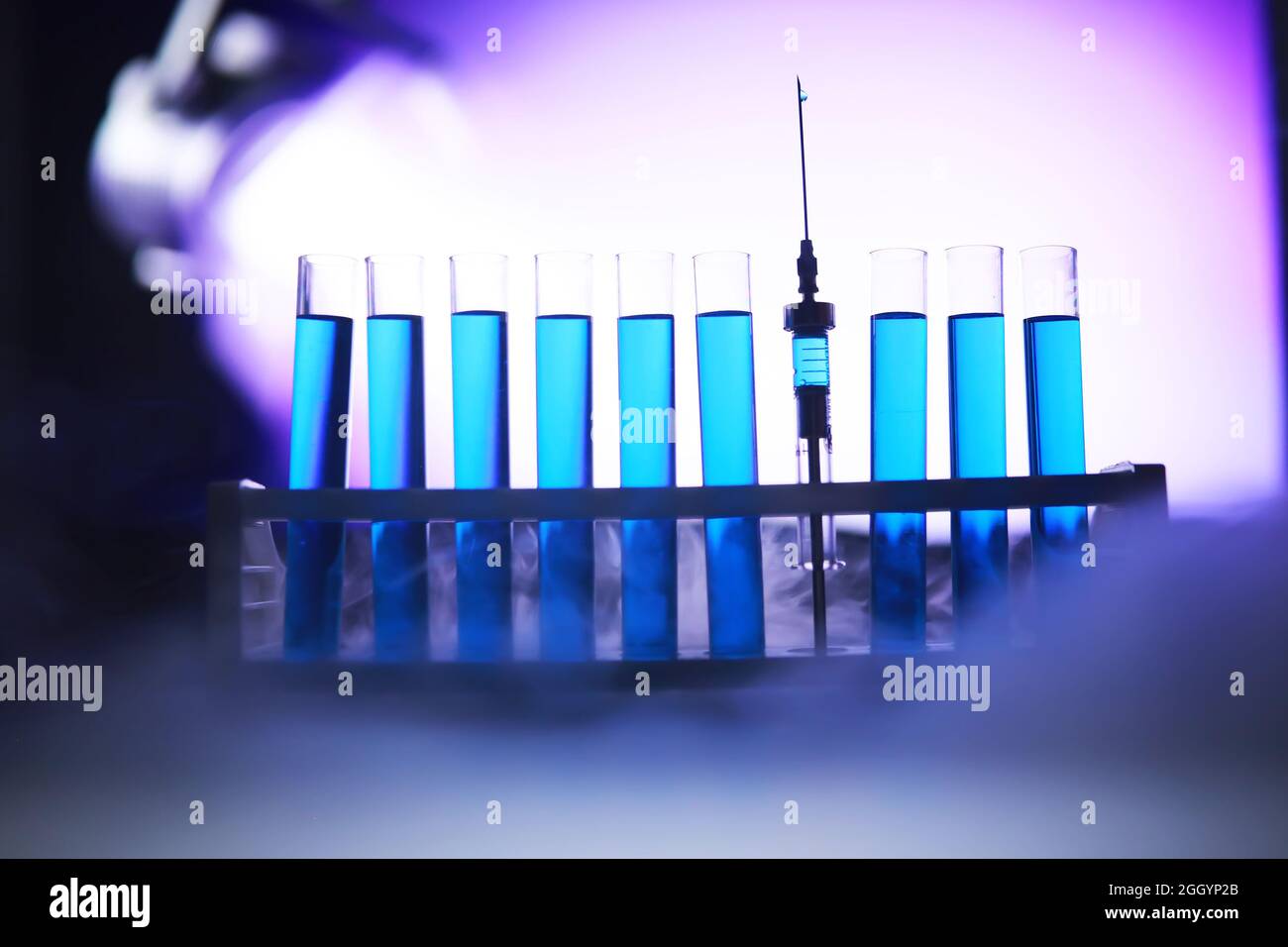 Test tube of glass overflows new liquid solution potassium blue ...