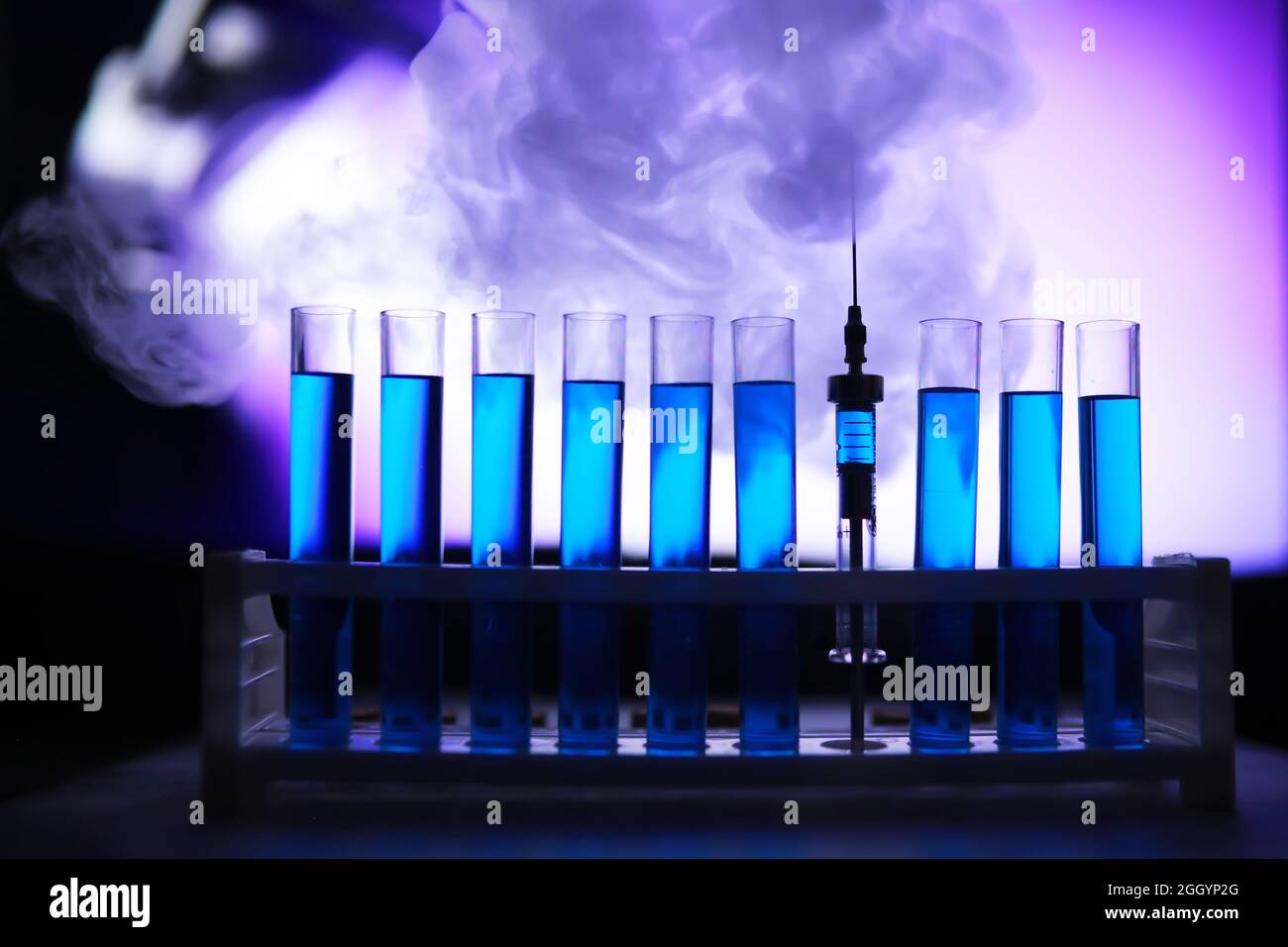 Test tube of glass overflows new liquid solution potassium blue ...