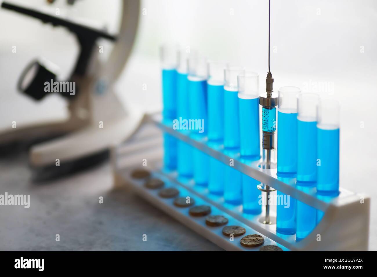 Test tube of glass overflows new liquid solution potassium blue ...