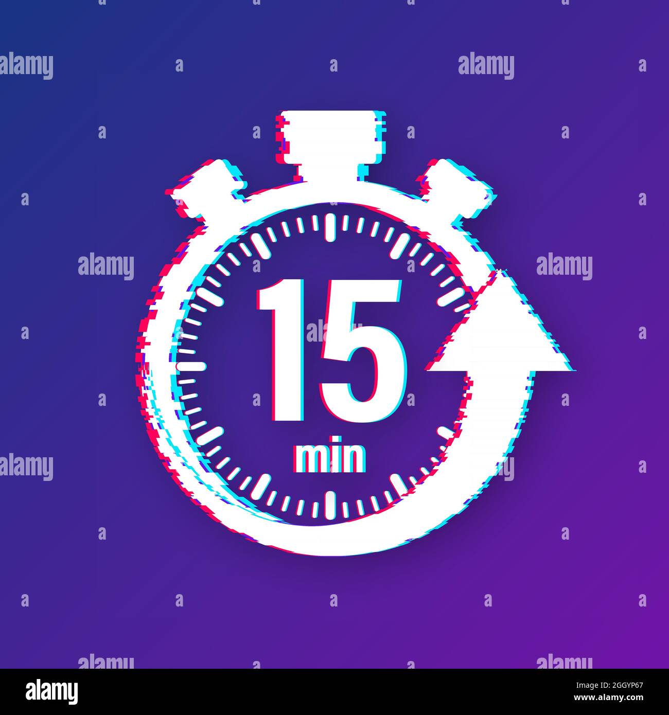 The 15 minutes, stopwatch vector glitch icon. Stopwatch icon in flat ...