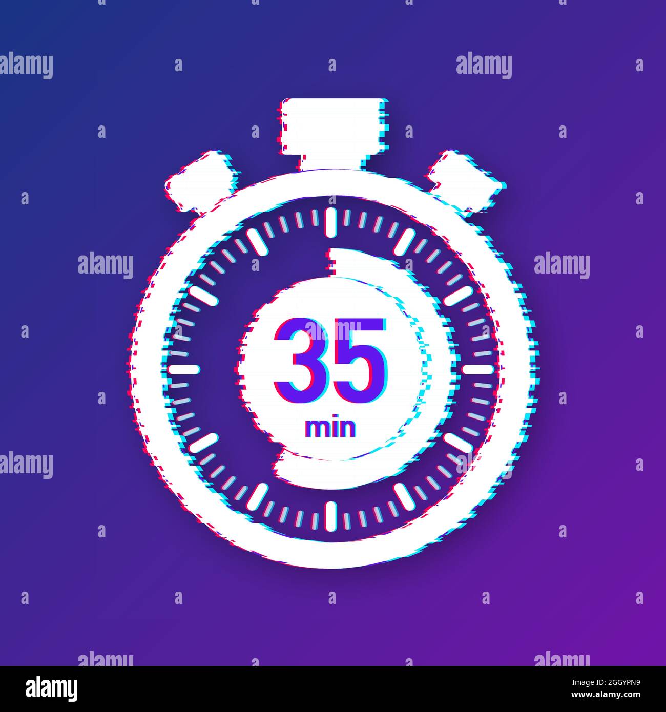 The 35 minutes, stopwatch vector glitch icon. Stopwatch icon in flat ...
