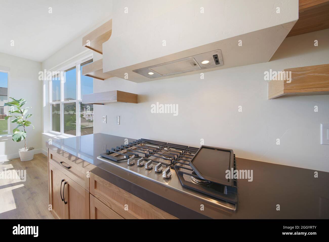Well lit modern contemporary kitchen interior with wood Stock Photo - Alamy