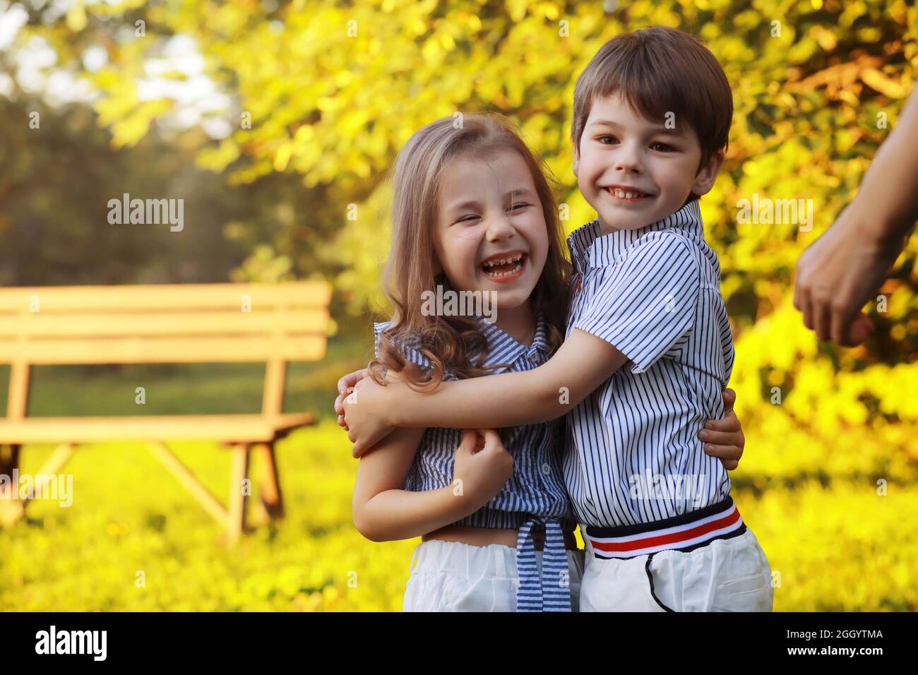 Children on a walk in the summer. Children indulge in country. Laughter ...