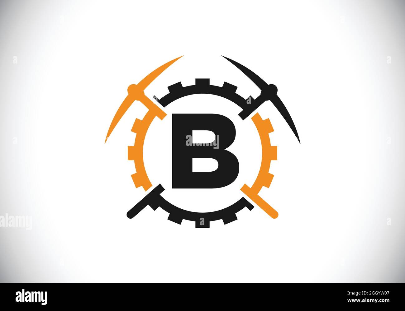 Initial B monogram letter alphabet with pickaxe and gear sign. Mining ...