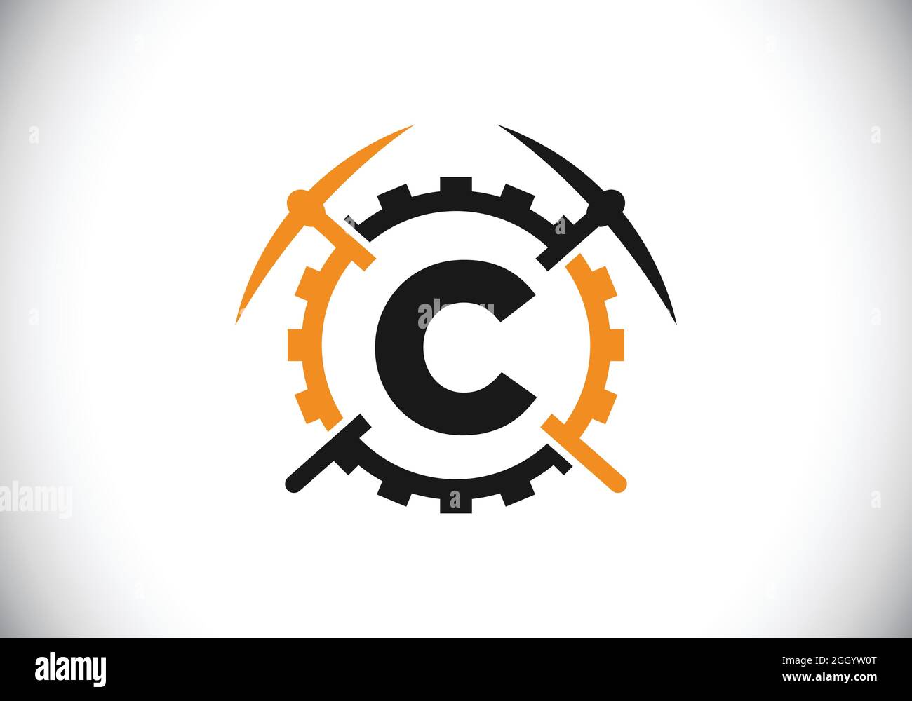 Initial C monogram letter alphabet with pickaxe and gear sign. Mining ...