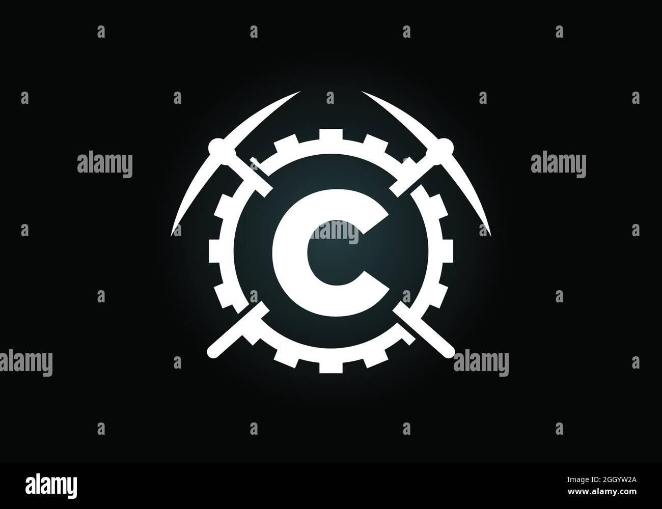 Initial C monogram letter alphabet with pickaxe and gear sign. Mining ...