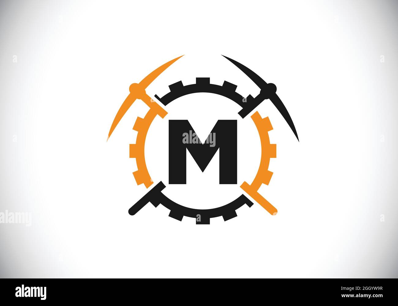 Initial M monogram letter alphabet with pickaxe and gear sign. Mining ...