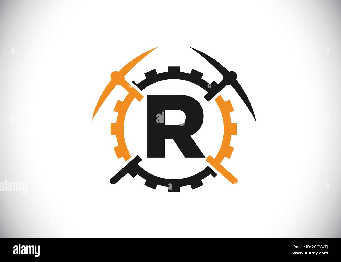 Initial R monogram letter alphabet with pickaxe and gear sign. Mining ...