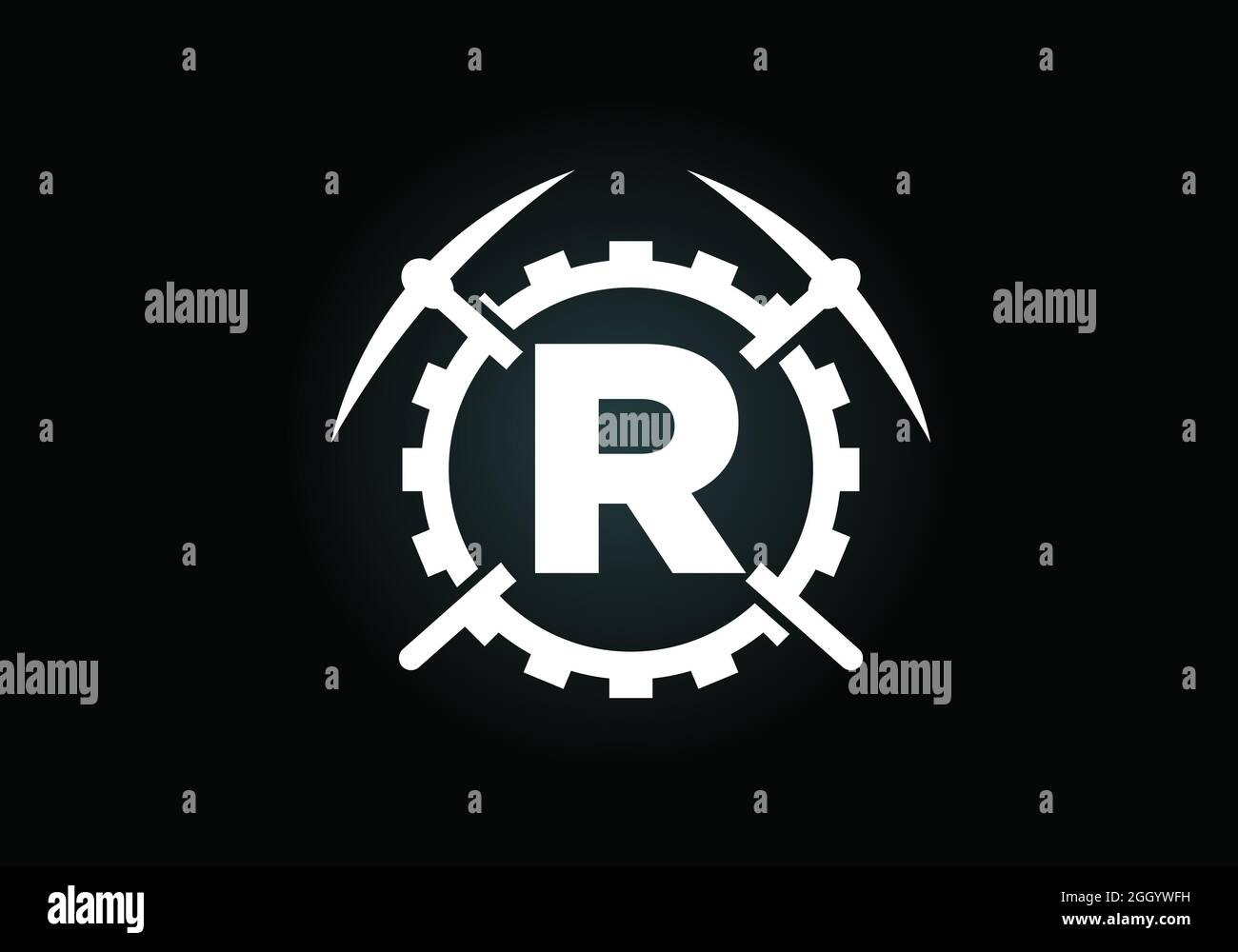 Initial R monogram letter alphabet with pickaxe and gear sign. Mining ...