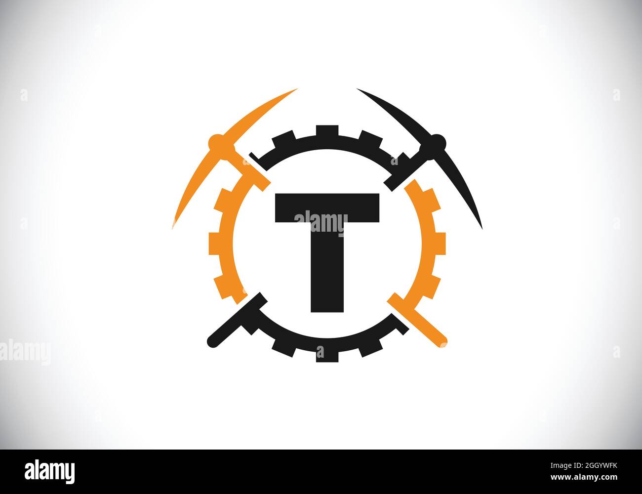 Initial T monogram letter alphabet with pickaxe and gear sign. Mining ...