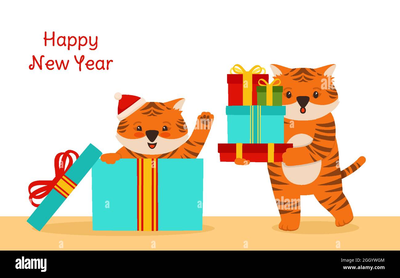 Christmas card with Tiger mascot new year. Animal tiger in Santa hat ...