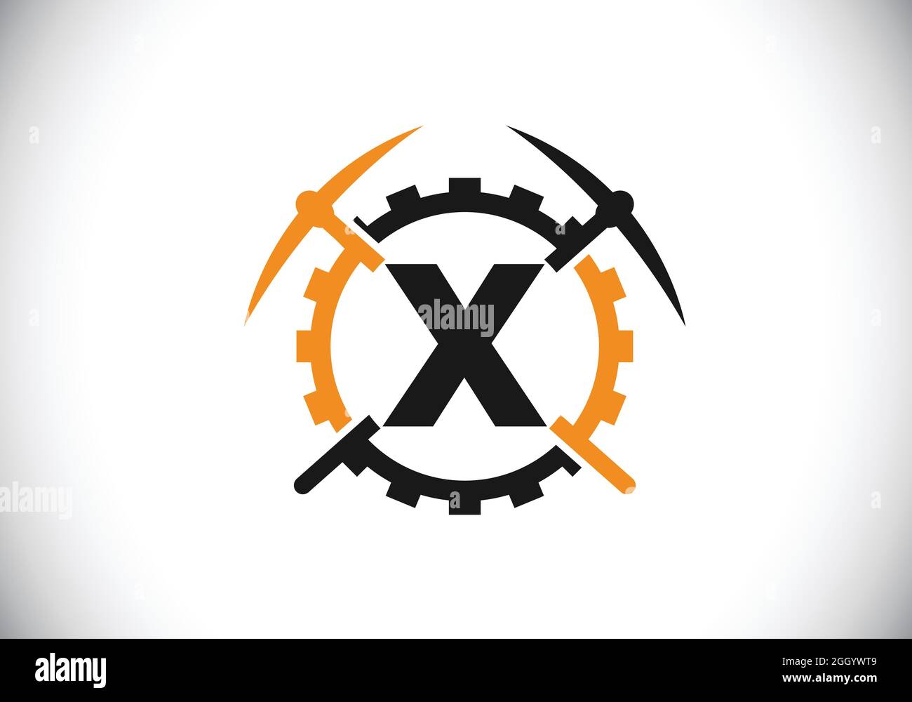 Initial X monogram letter alphabet with pickaxe and gear sign. Mining ...