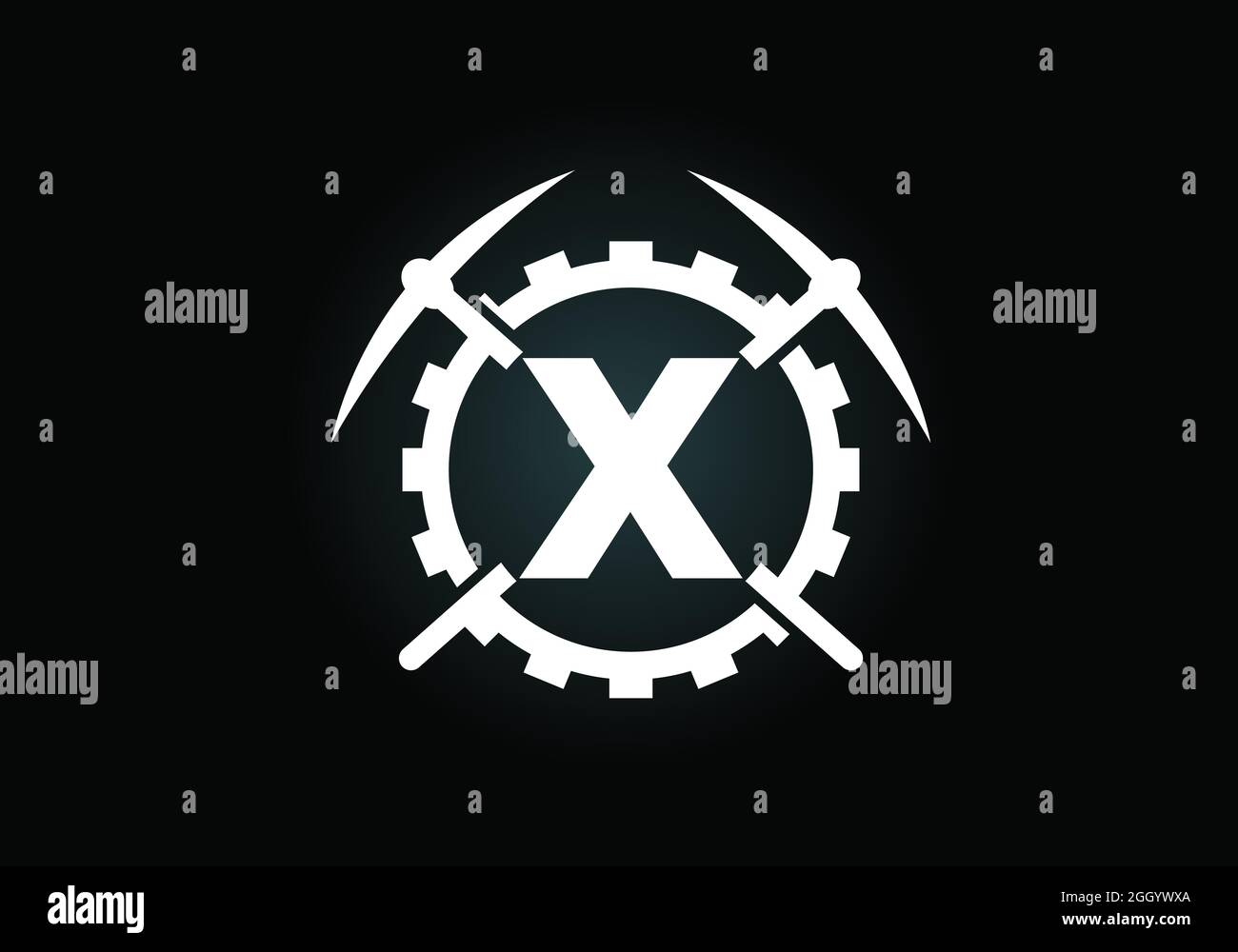 Initial X monogram letter alphabet with pickaxe and gear sign. Mining ...