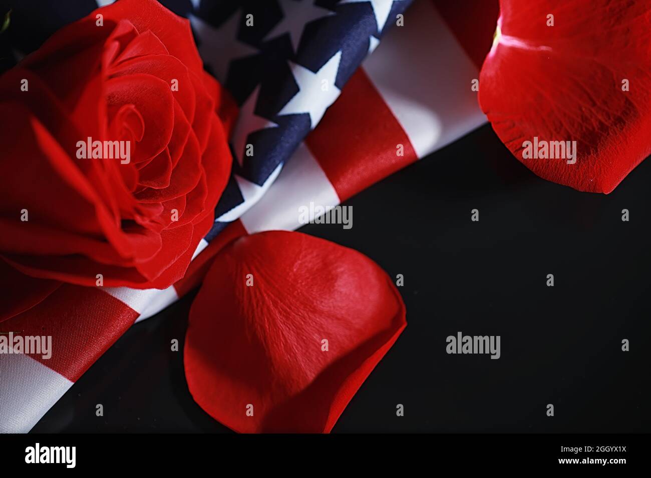 American flag and rose flower on table. Symbol of the United States of ...
