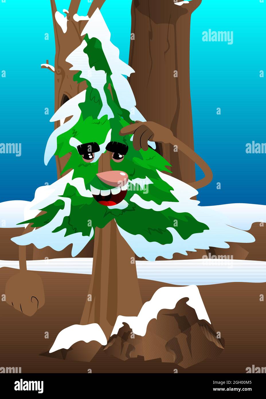 Cartoon winter pine trees with faces confused. Cute forest trees. Snow ...