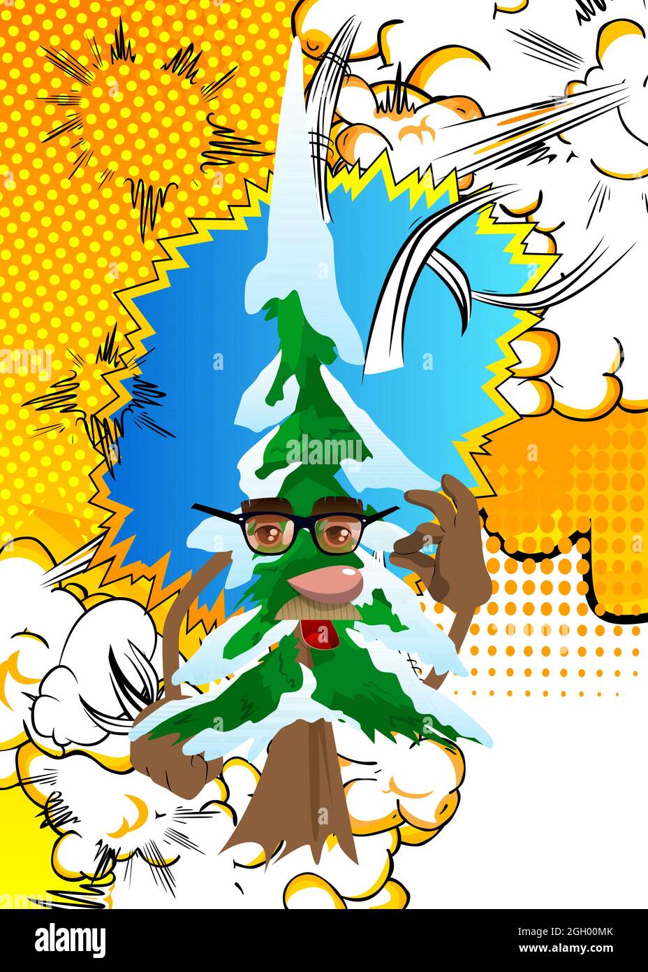 Cartoon winter pine trees with faces showing ok sign. Cute forest trees ...