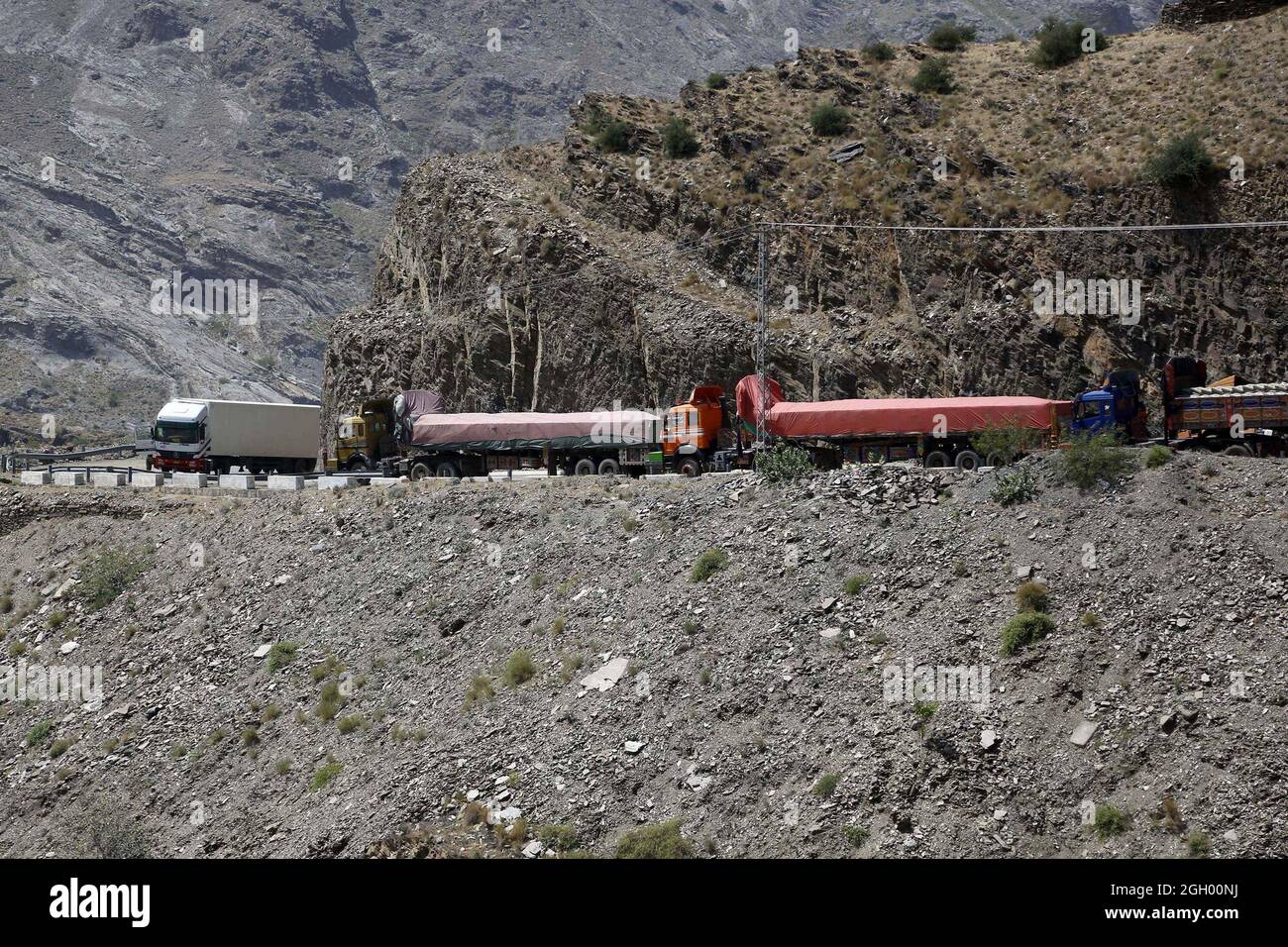 Torkham. 3rd Sep, 2021. Photo taken on Sept. 3, 2021 shows truck ...