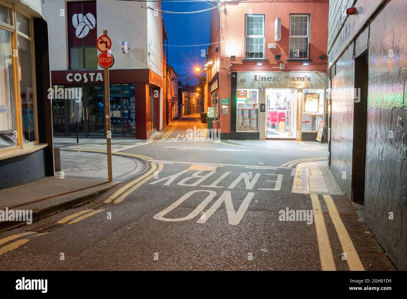 Wexford Ireland - August 14 2017; City at night under street and lights ...