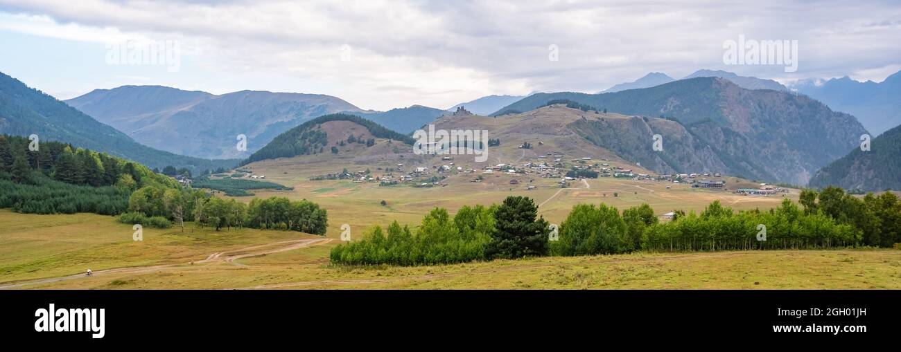 Panoramic view to Omalo mountain village in Tusheti nature reserve ...