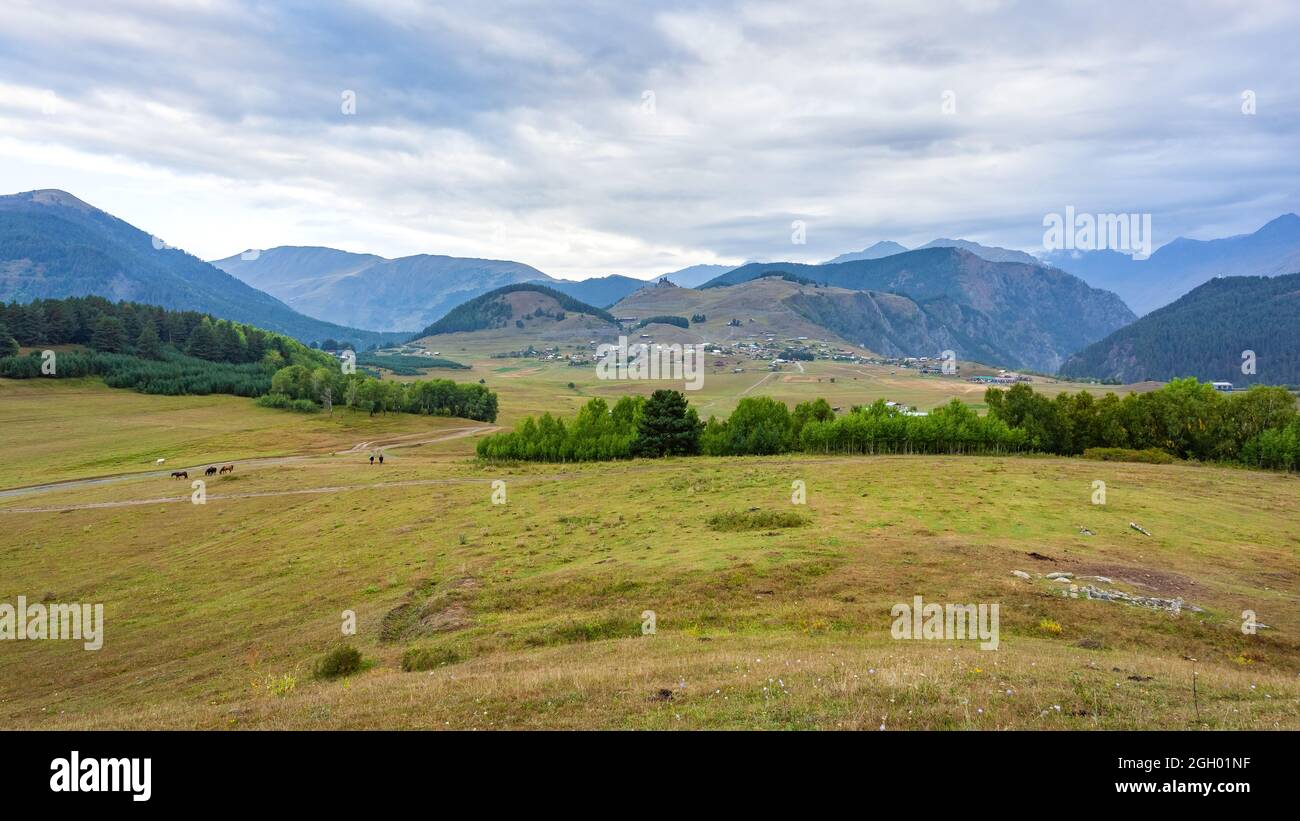 Panoramic view to Omalo mountain village in Tusheti nature reserve ...