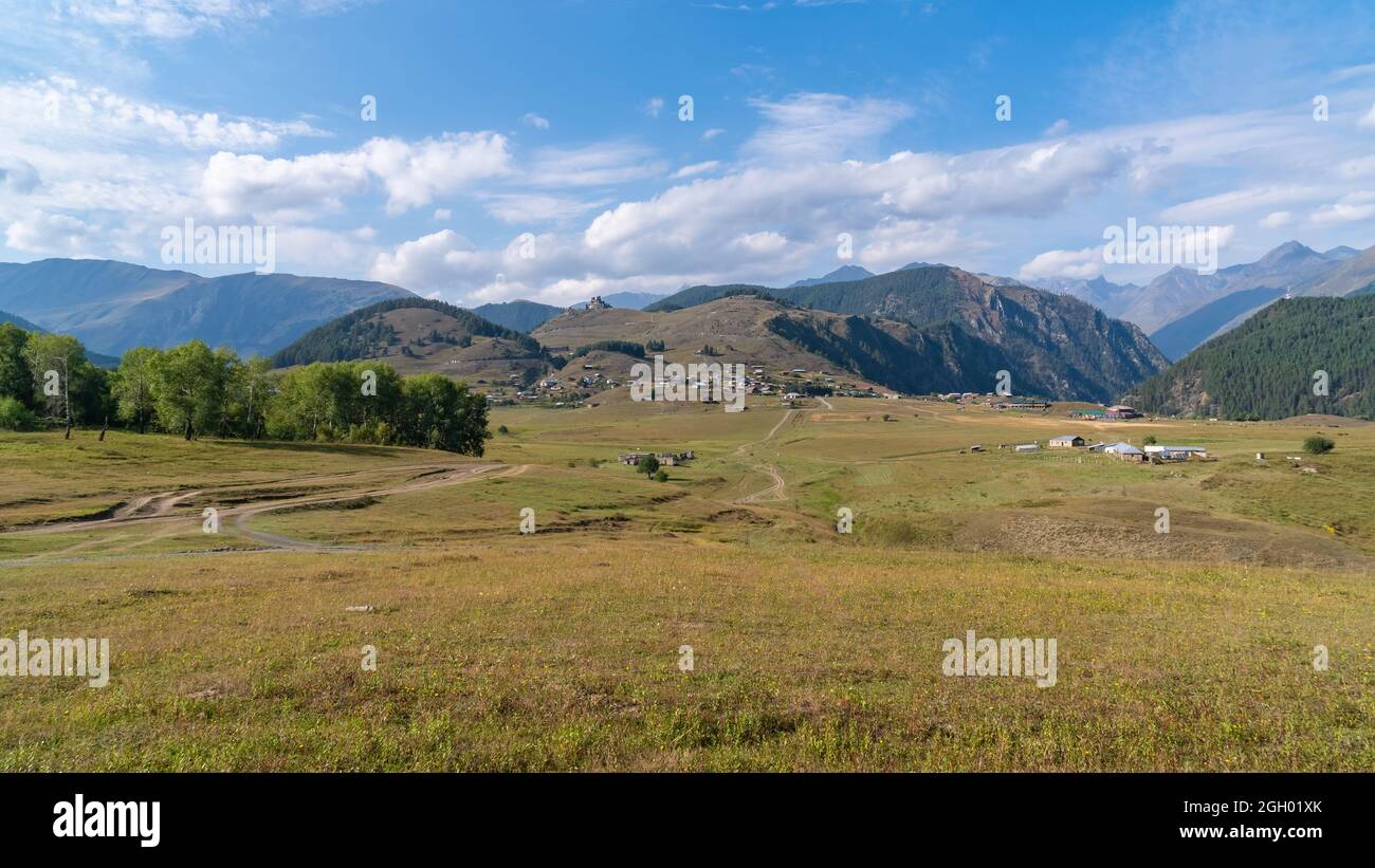 Panoramic view to Omalo mountain village in Tusheti nature reserve ...