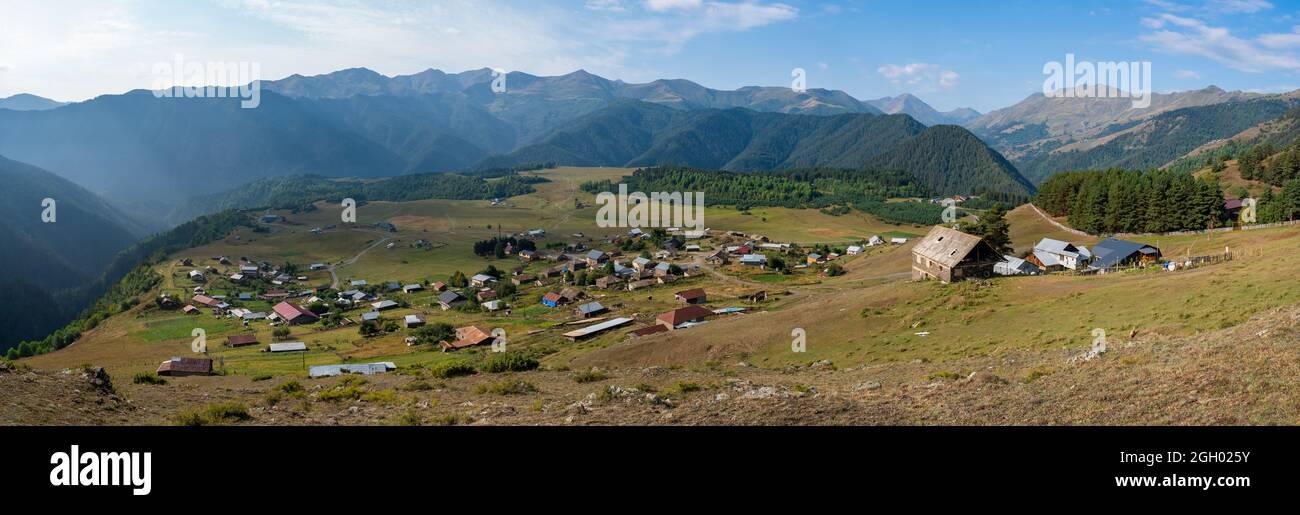 Panoramic view to Omalo mountain village in Tusheti nature reserve ...