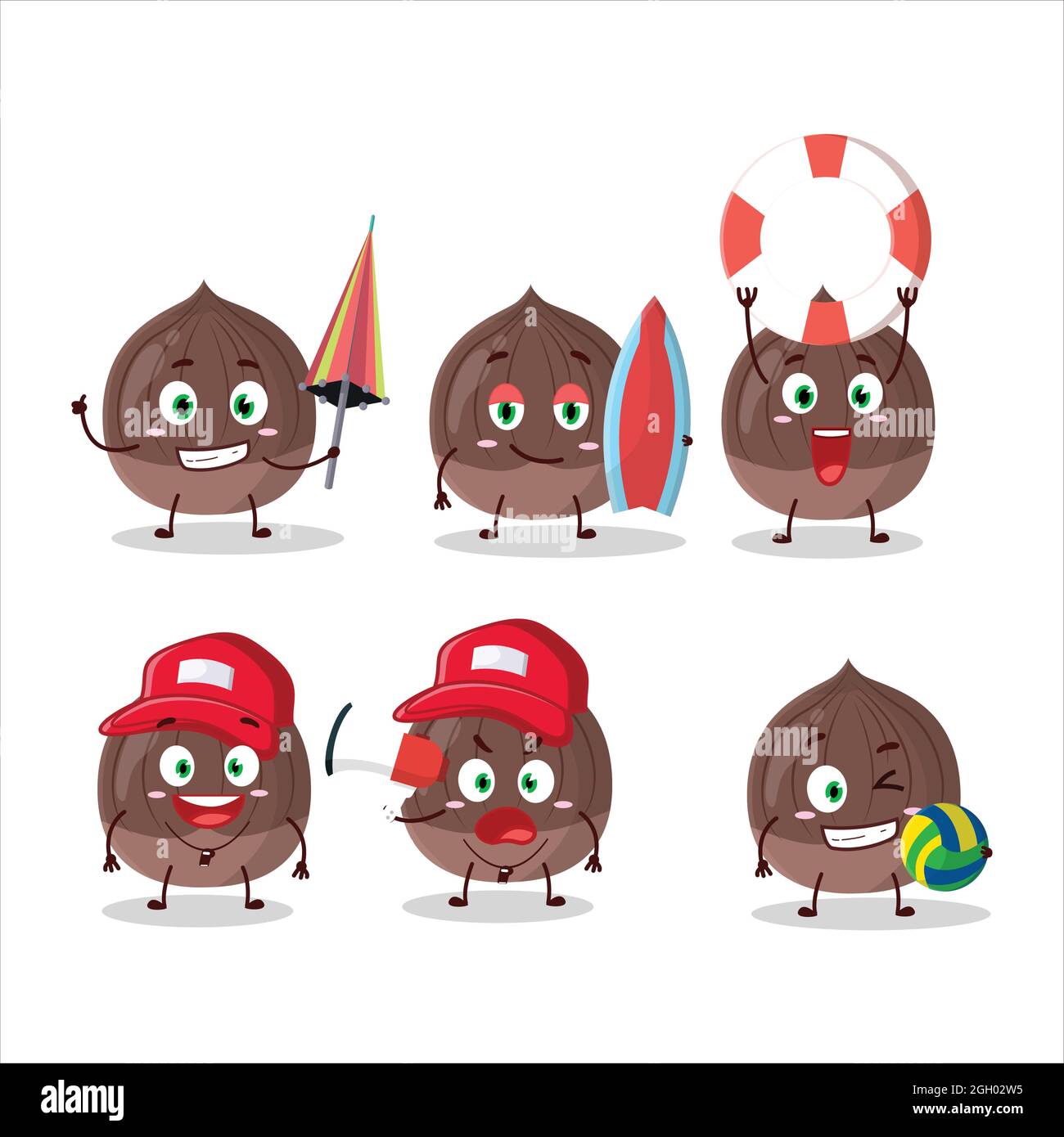 Happy Face chestnut cartoon character playing on a beach. Vector ...