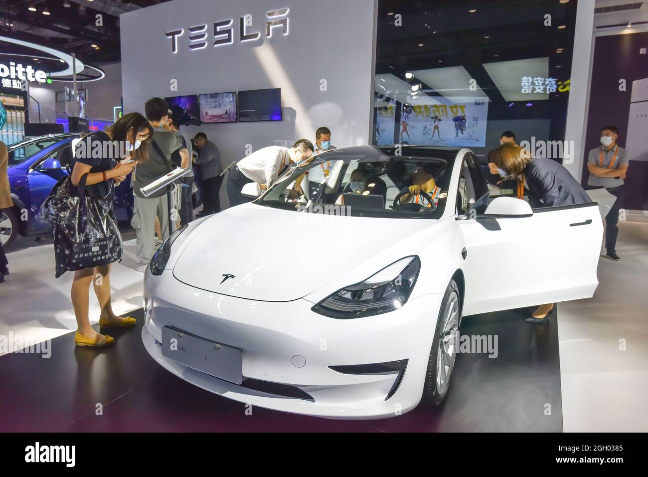 Beijing, China. 03rd Sep, 2021. In Tesla's exhibition hall, a Tesla car ...