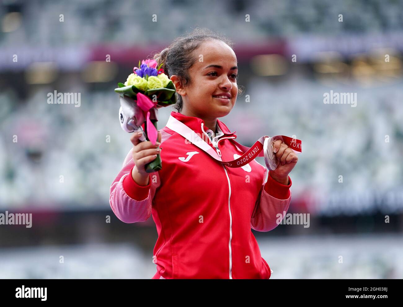 Tunisia's Nourhein Belhaj Salem with her silver medal for the Women's ...