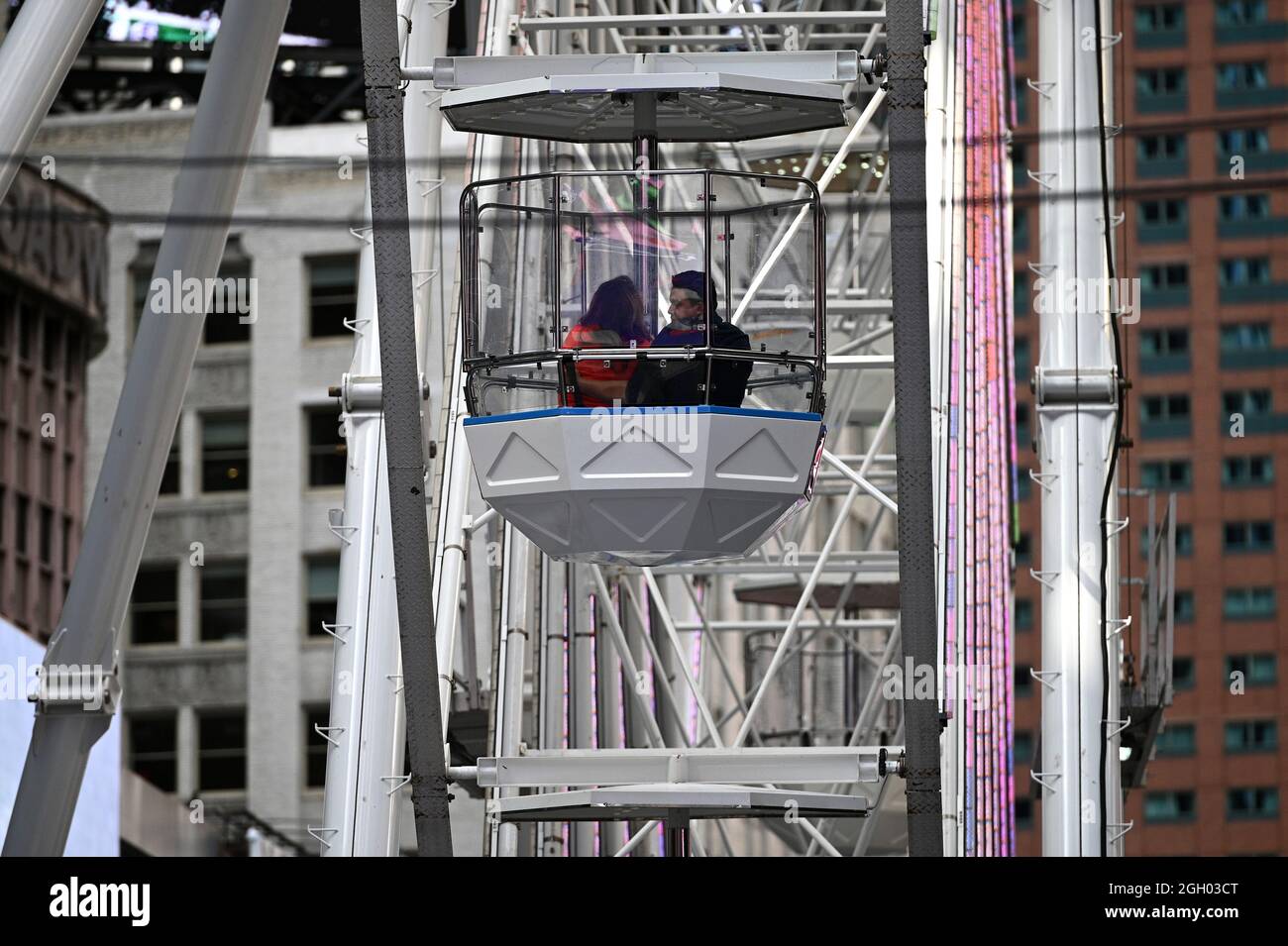 New York City, USA. 03rd Sep, 2021. People are seen riding a ferris ...