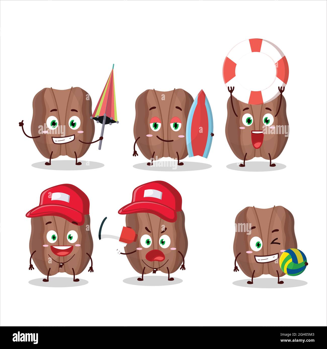 Happy Face pecans cartoon character playing on a beach. Vector ...