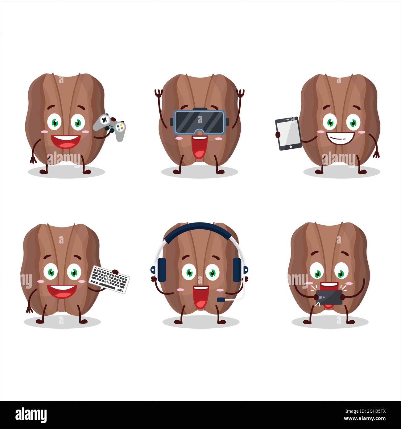 Pecans cartoon character are playing games with various cute emoticons ...