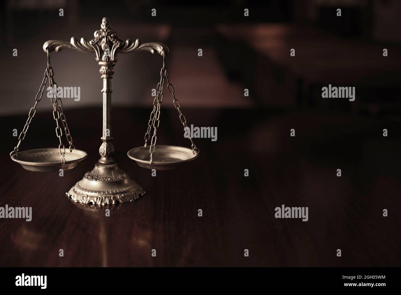 Justice concept. Scale on brown table in the judge chamber Stock Photo ...