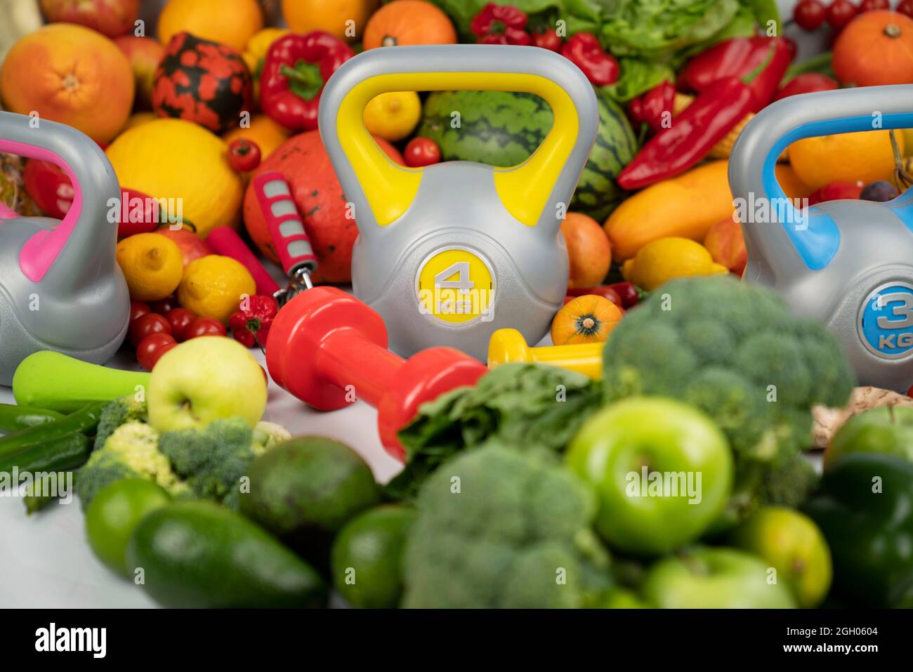 Fitness concept. Healthy nutrition: fruits and vegetables. Equipment ...
