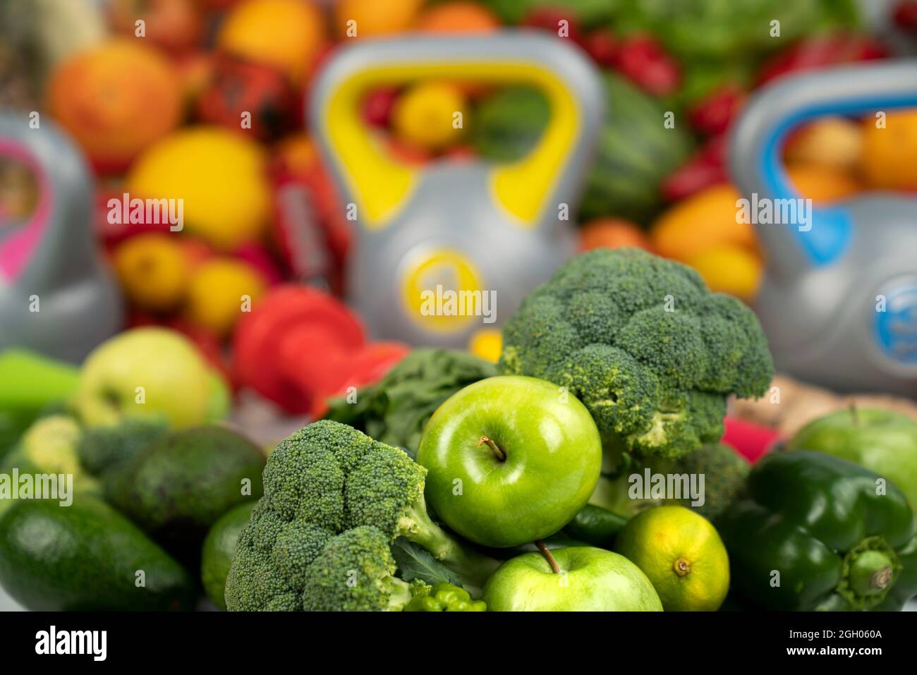 Fitness concept. Healthy nutrition: fruits and vegetables. Equipment ...