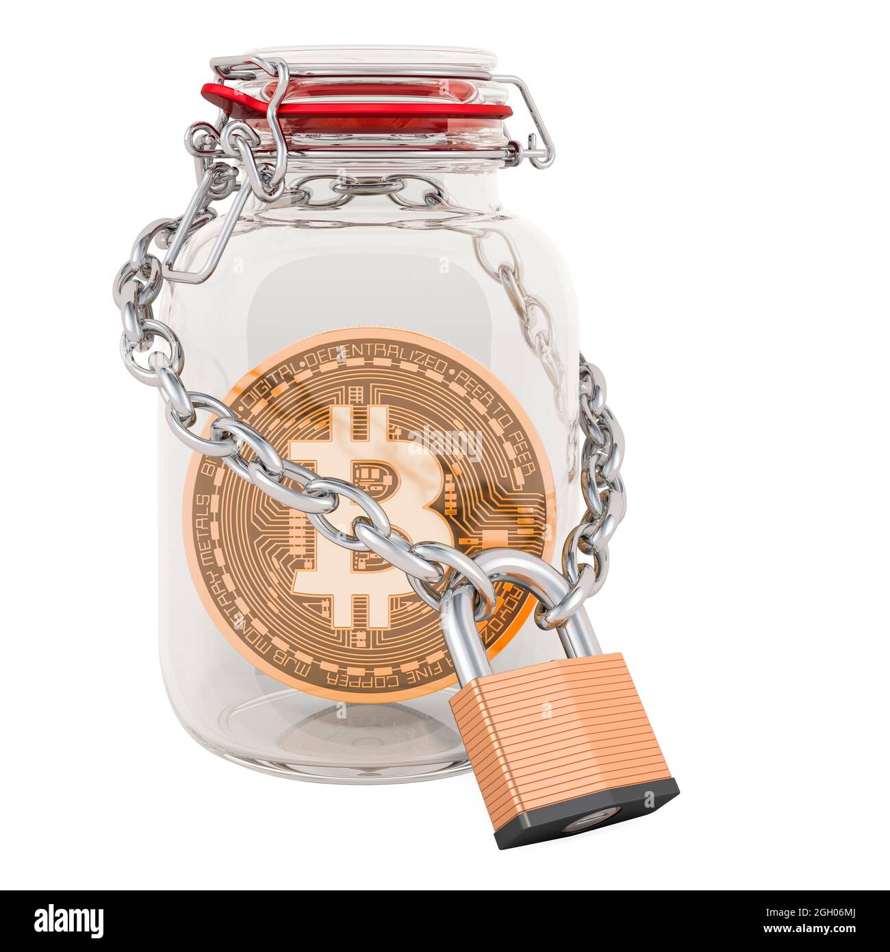 Glass jar with bitcoin coin, 3D rendering isolated on white background ...